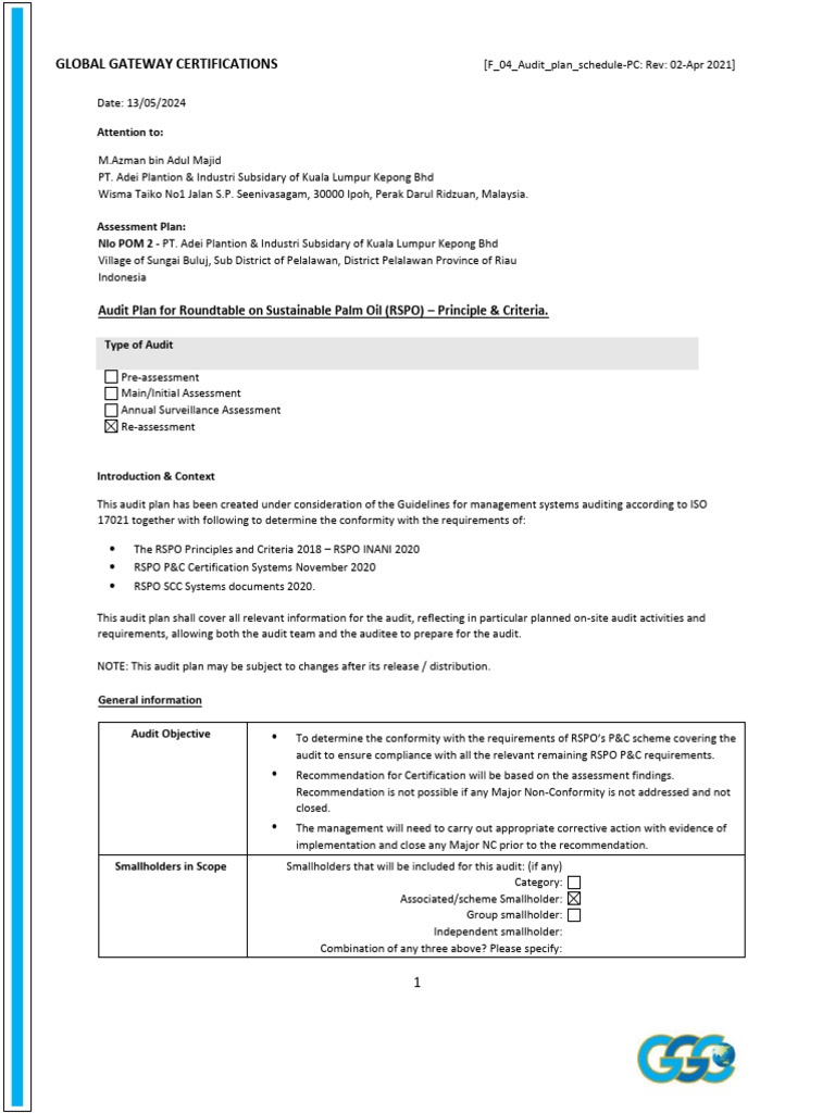 Rencana Audit Rspo | PDF | Audit