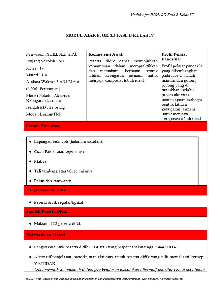 Modul Ajar PJOK SD Aktivitas Kebugaran Jasmani Fase B Kelas 4 | PDF