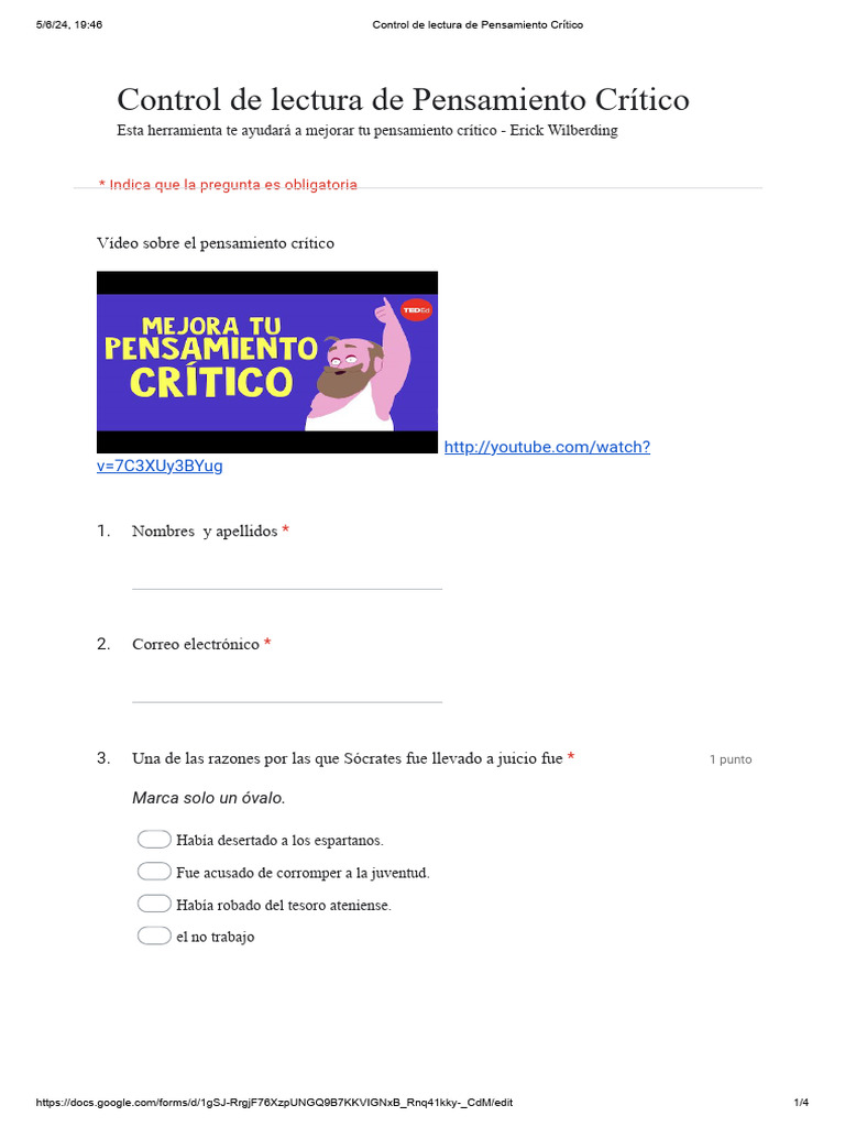 Control de Lectura de Pensamiento Crítico | PDF | Sócrates ...