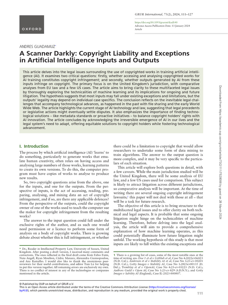 Copyright Liability - AI Inputs and Outputs | PDF | Artificial Intelligence | Intelligence (AI ...
