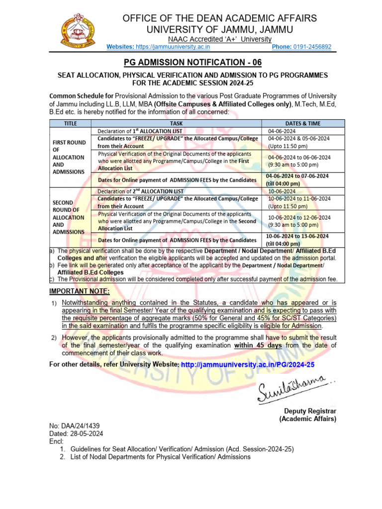 UoJ PG Admission Notification-06 (Common Schedule For Allocation of ...