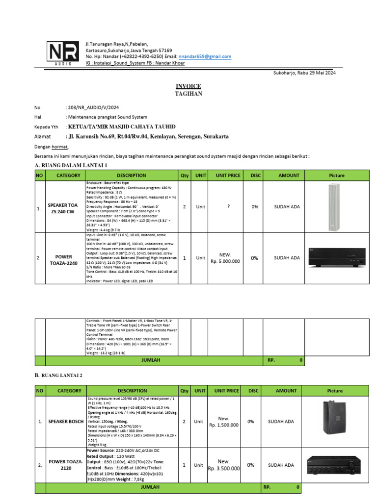 Sound System Maintenance Invoice | PDF | Loudspeaker | Microphone