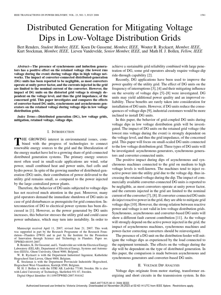 Distributedgenerationformitigatingvoltagedipsinlow Voltagedistributiongrids Download