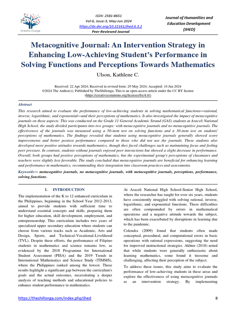 Metacognitive Journal: An Intervention Strategy in Enhancing Low-Achieving Student's Performance ...