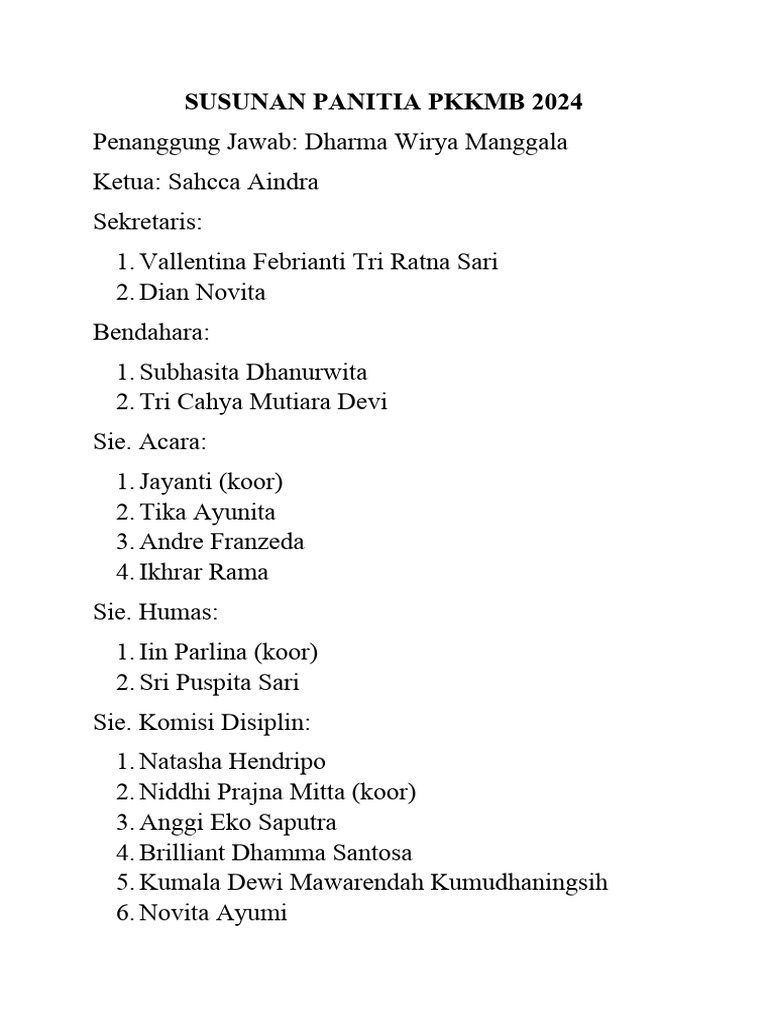 Susunan Panitia PKKMB 2024 | PDF