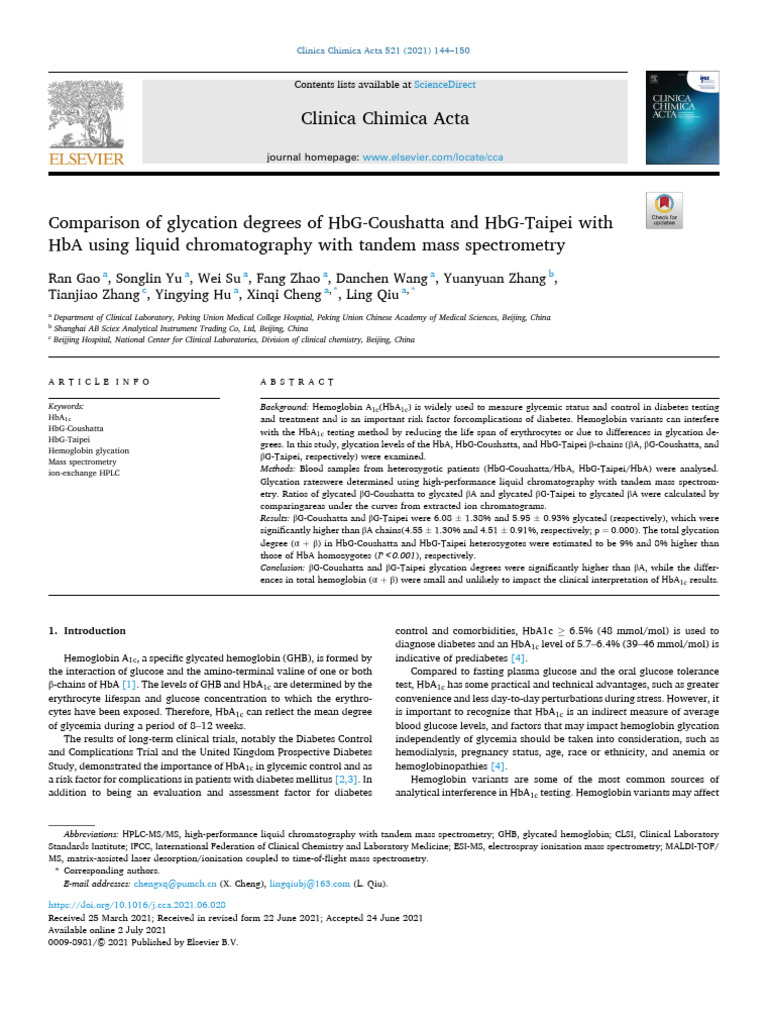 Comparison of Glycation Degrees of HbG-Coushatta and HbG-Taipei With ...