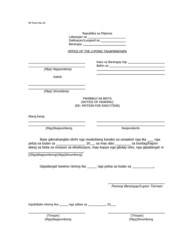 24 KP Form Notice Hearing For Motion For Execution | PDF