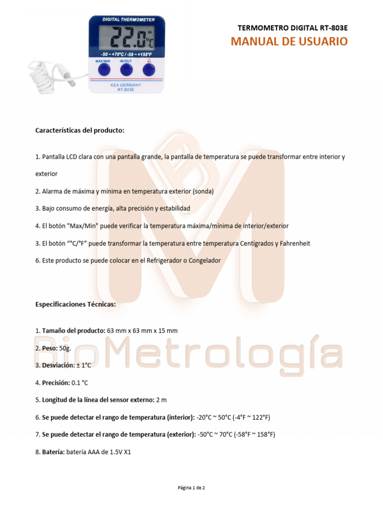 Termómetro Digital RT-803E: Manual Usuario | PDF | Temperatura