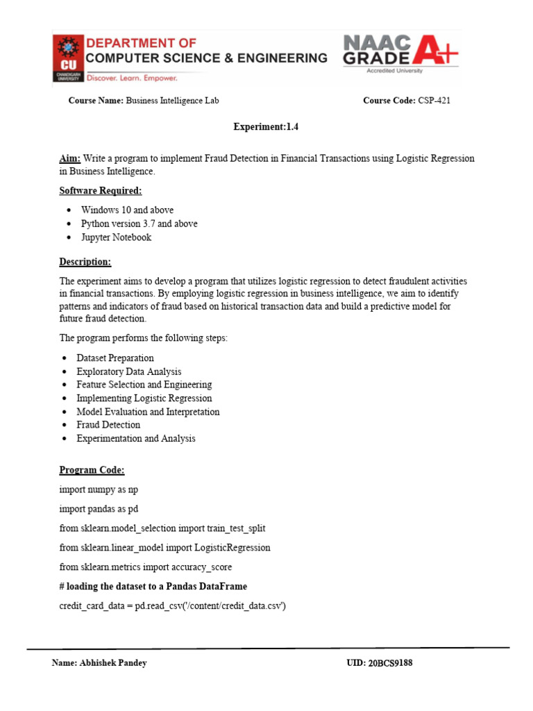 Abhishek Pandey - BI Lab - Exp 4 | PDF | Data | Logistic Regression