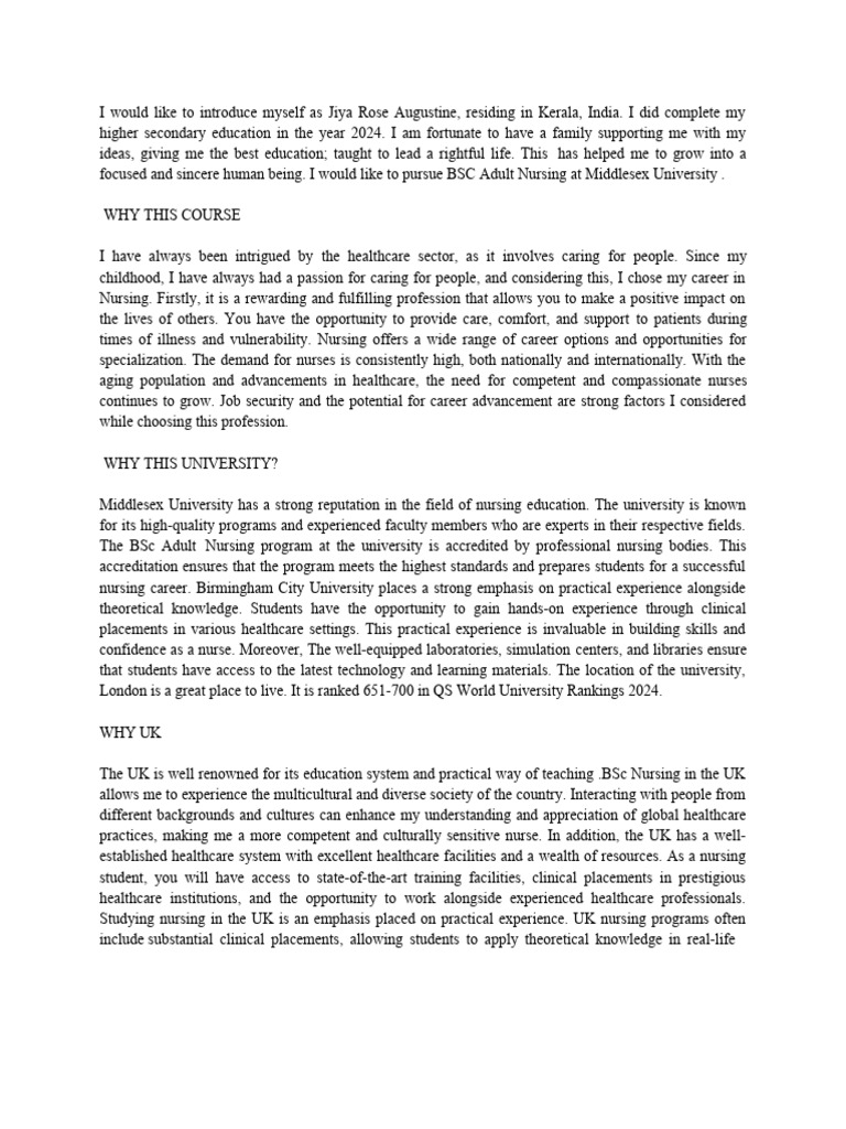 Sop BSC Nursing Middlesex | PDF | Nursing | Health Care