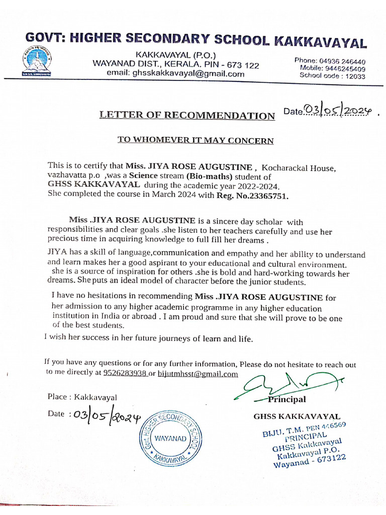 LOR of Principal (Jiya) | PDF