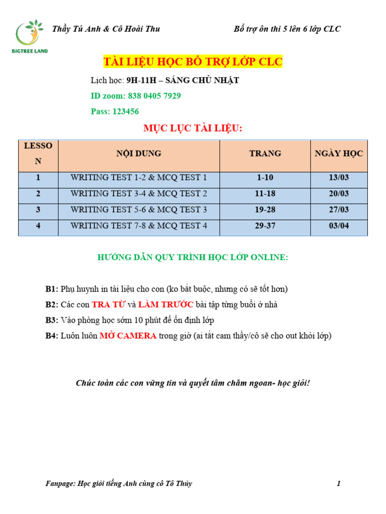 TÀI LIỆU HỌC BỔ TRỢ ÔN THI 5 LÊN 6 LỚP CLC | PDF