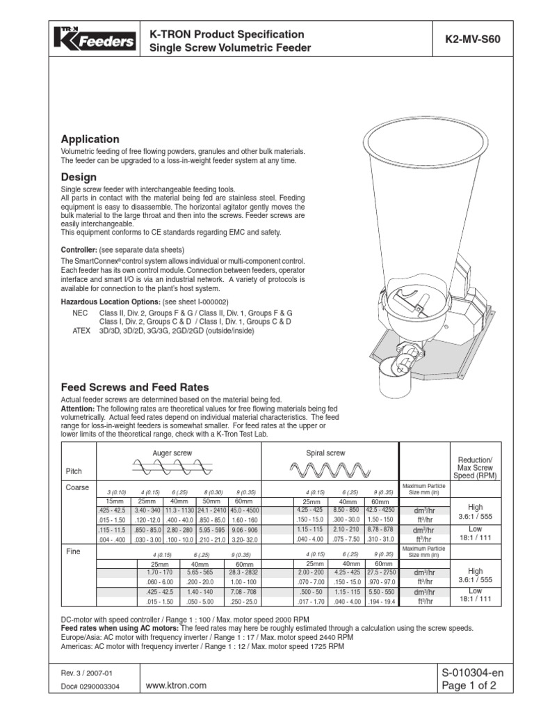K-TRON Product Specification Single Screw Volumetric Feeder | PDF ...