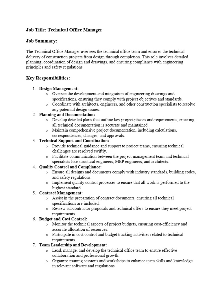 Technical Office Manager Job Description | PDF | Project Management ...