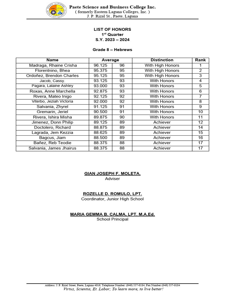 Grade 8 Honors List - Paete College 2023 | PDF