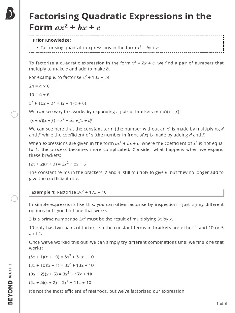 Factorising Quadratic Expressions | PDF | Factorization | Quadratic Equation