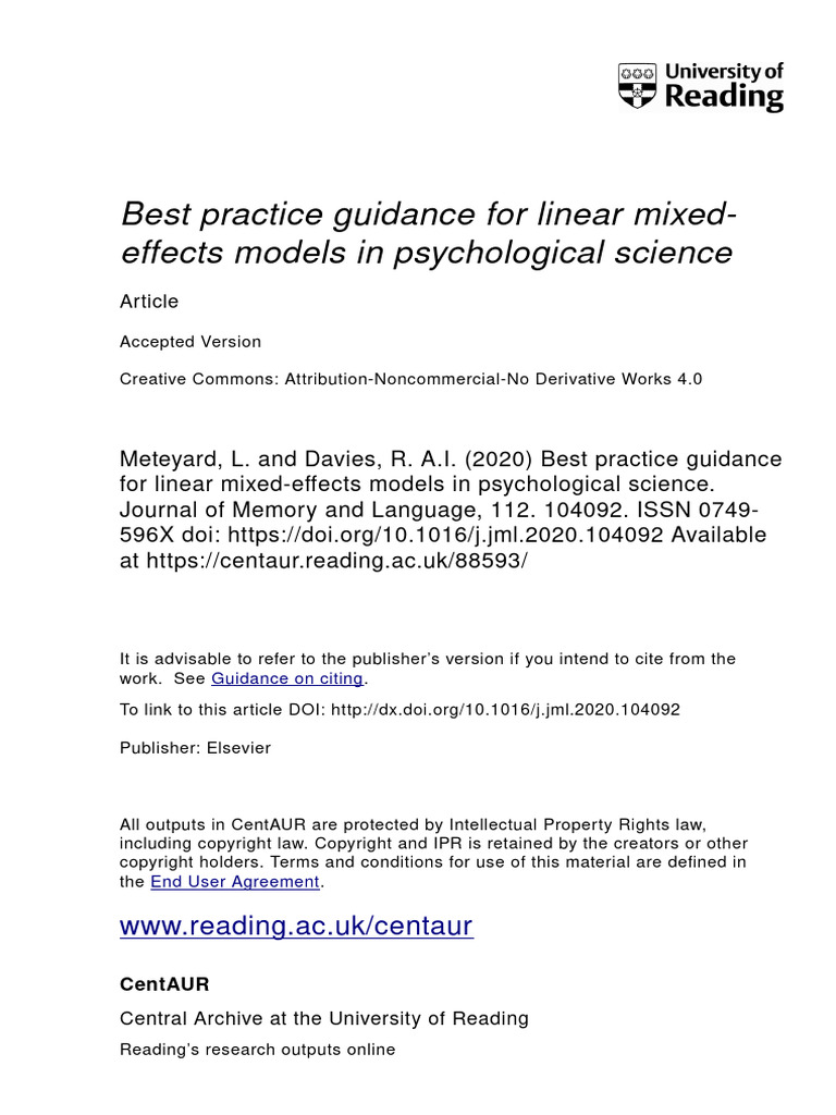 Meteyard Et Davies - 2020 - Best Practice Guidance For Linear Mixed ...