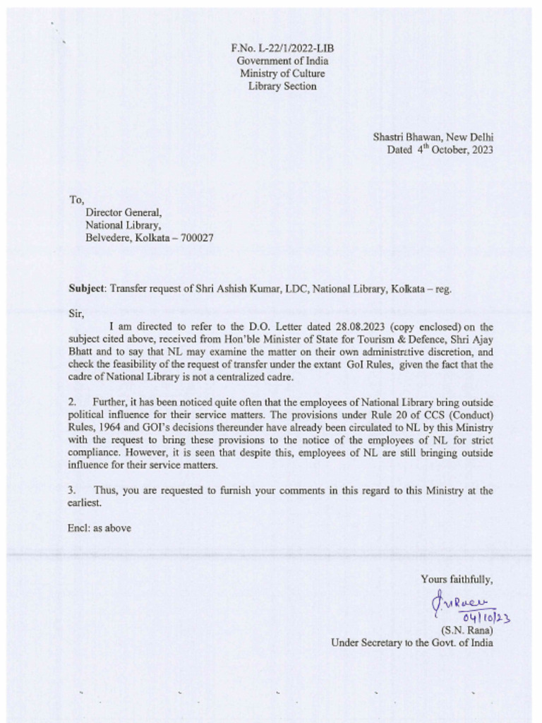 Letter of Ashish Kumar From S N Rana, Moc | PDF