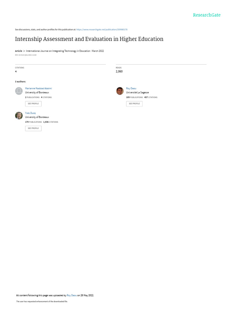 Internship Assessment and Evaluation in Higher Education | PDF | Educational Assessment | Evaluation