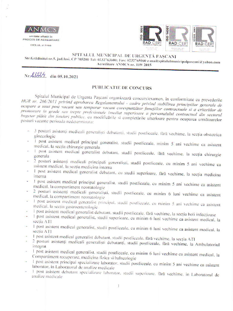 Anunt Concurs Asistenti Medicali 28.10.2021 | PDF