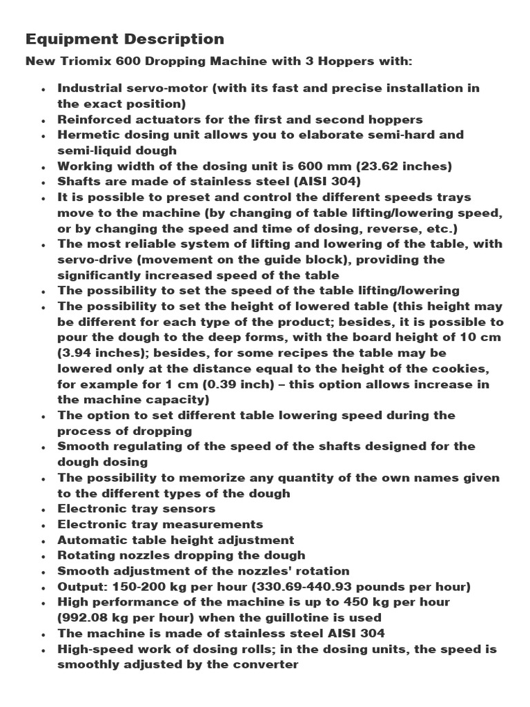 Triomix 600 Equipment Description | PDF | Inch | Machines