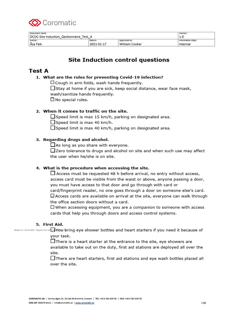 GVX01 Site Induction Questionnaire Test A (English) 3 | PDF | Business ...