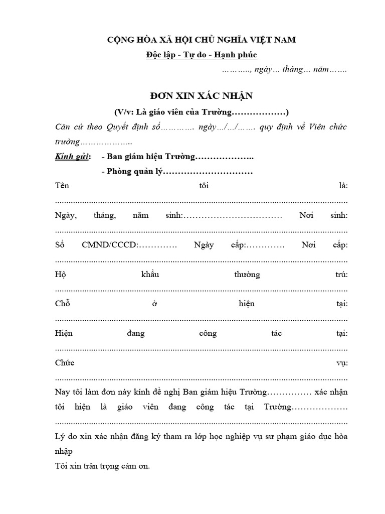 Don Xin Xac Nhan La Giao Vien Cua Truong | PDF