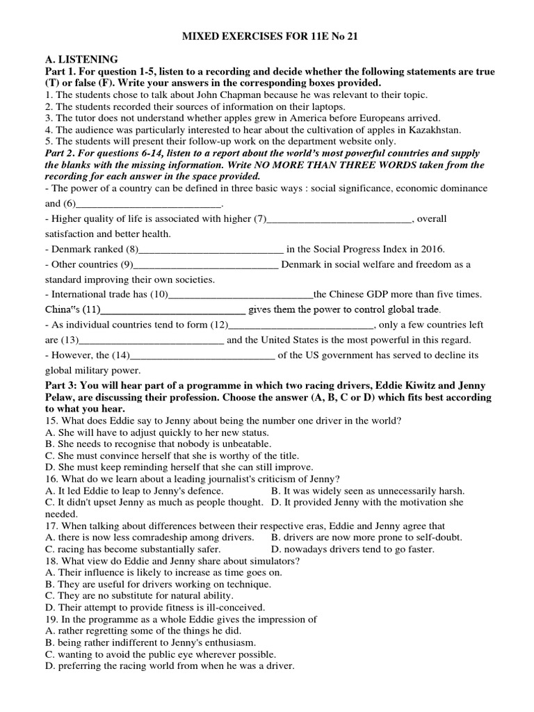 MIXED EXERCISES FOR 11E No 21 | PDF | Accent (Sociolinguistics) | Speech