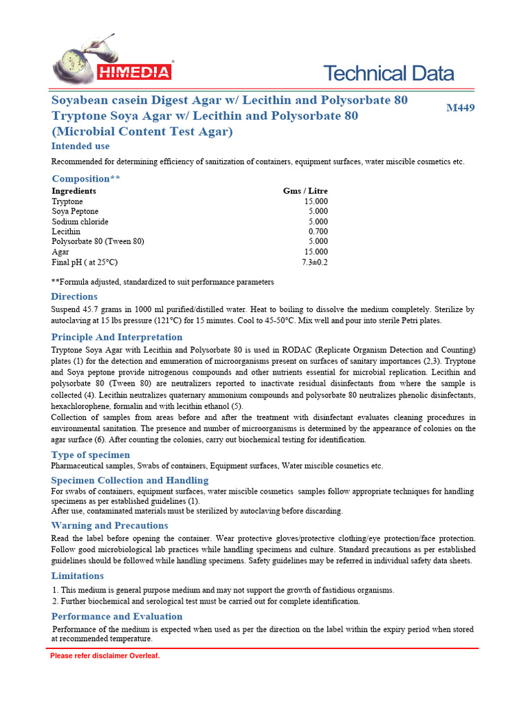 TDS - M449-TSA With Lecithin & Polysorbate 80 | PDF | Disinfectant