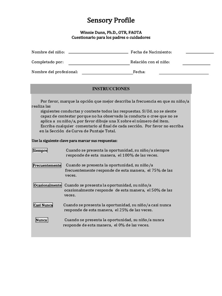 Dunn, W.- Perfil Sensorial. Cuestionario para padres y cuidadores | PDF | Las emociones