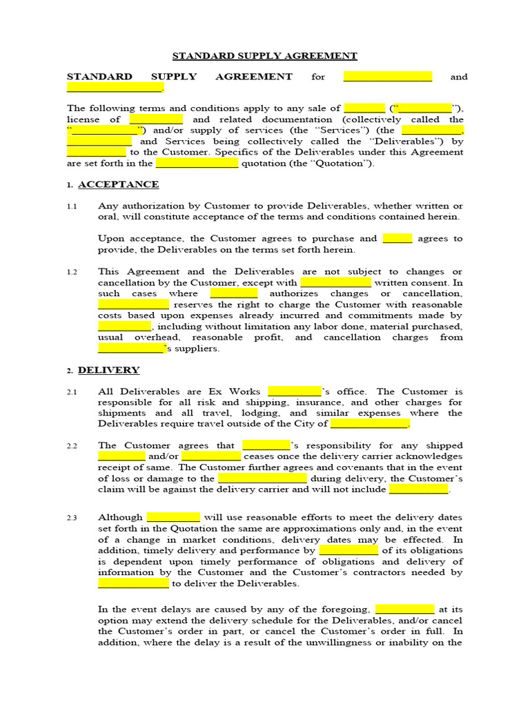 Supply Agreement Template 1 | PDF | Indemnity | Grammatical Gender