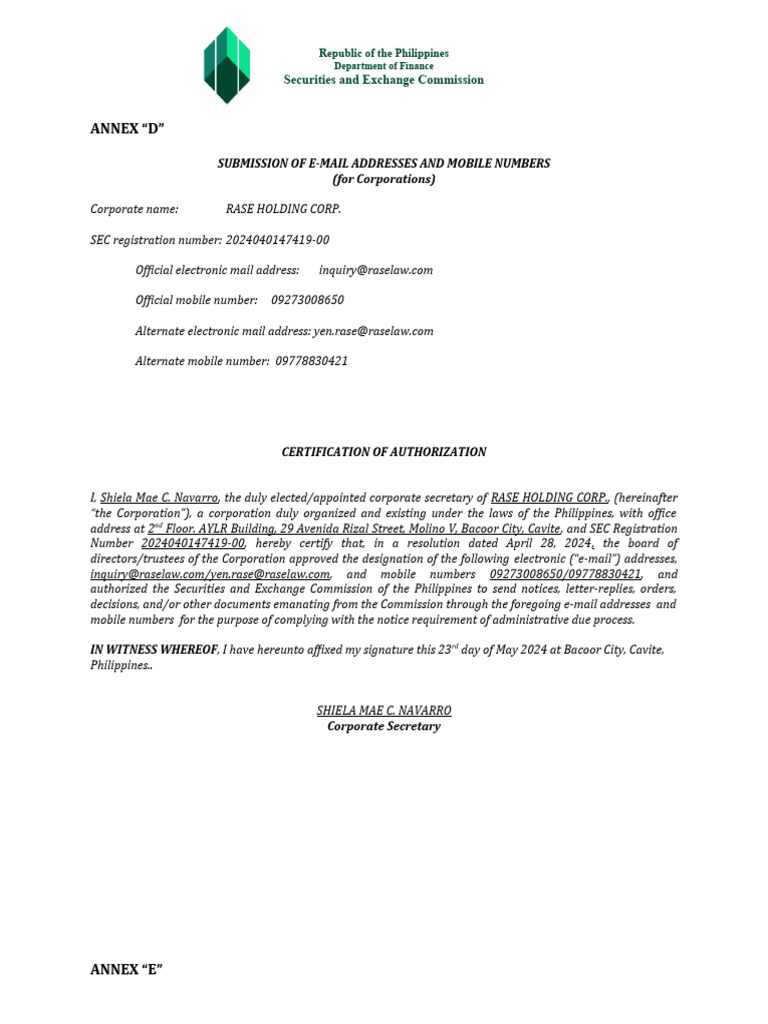 Annex D - Certification of Authorization | Download Free PDF | U.S. Securities And Exchange ...