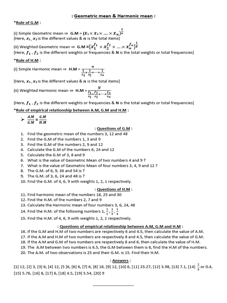 Geometric Mean & Harmonic Mean | PDF | Mean | Arithmetic Mean