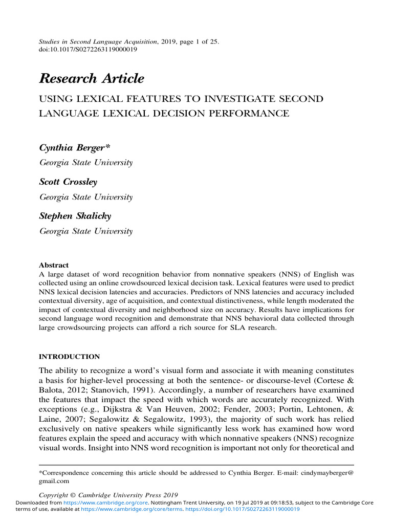 USING LEXICAL FEATURES TO INVESTIGATE SECOND LANGUAGE LEXICAL DECISION PERFORMANCE | Download ...
