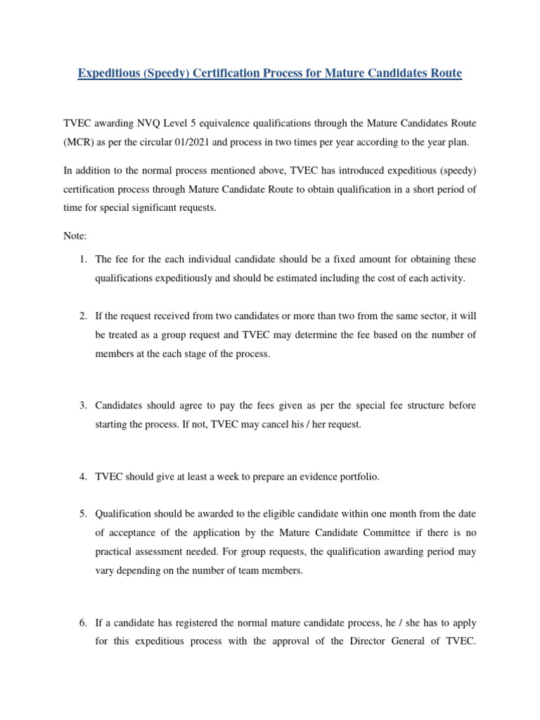 NVQ 5 Mature Candidate Route | PDF | Fee