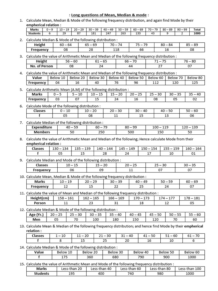 Long Questions of Mean, Median & Mode | PDF | Arithmetic Mean | Mode (Statistics)