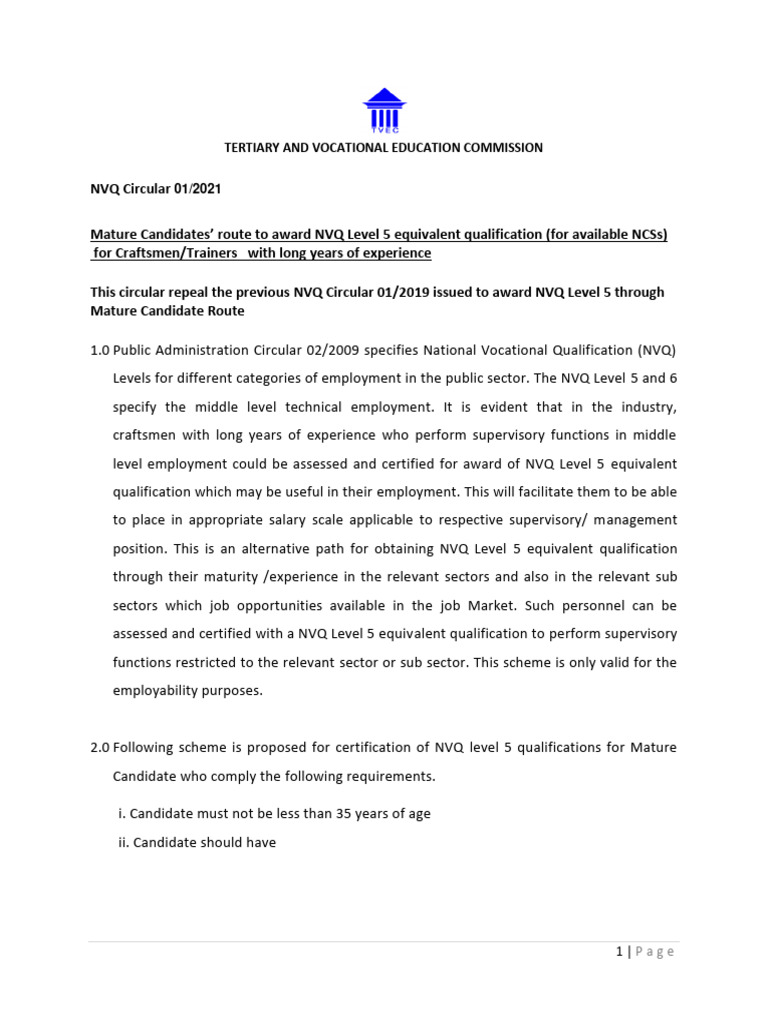 Mature Candidate Circular Revised 2021 | PDF | Vocational Education | Thesis