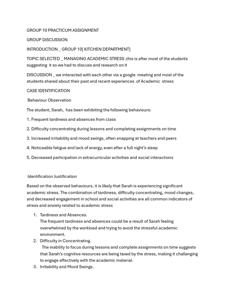 Group 10 Practicum Assignment | PDF | Stress Management | Anxiety