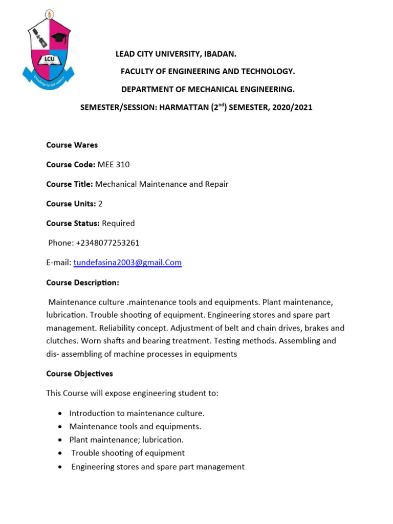 MEE 310 Course | PDF | Engineering | Reliability Engineering