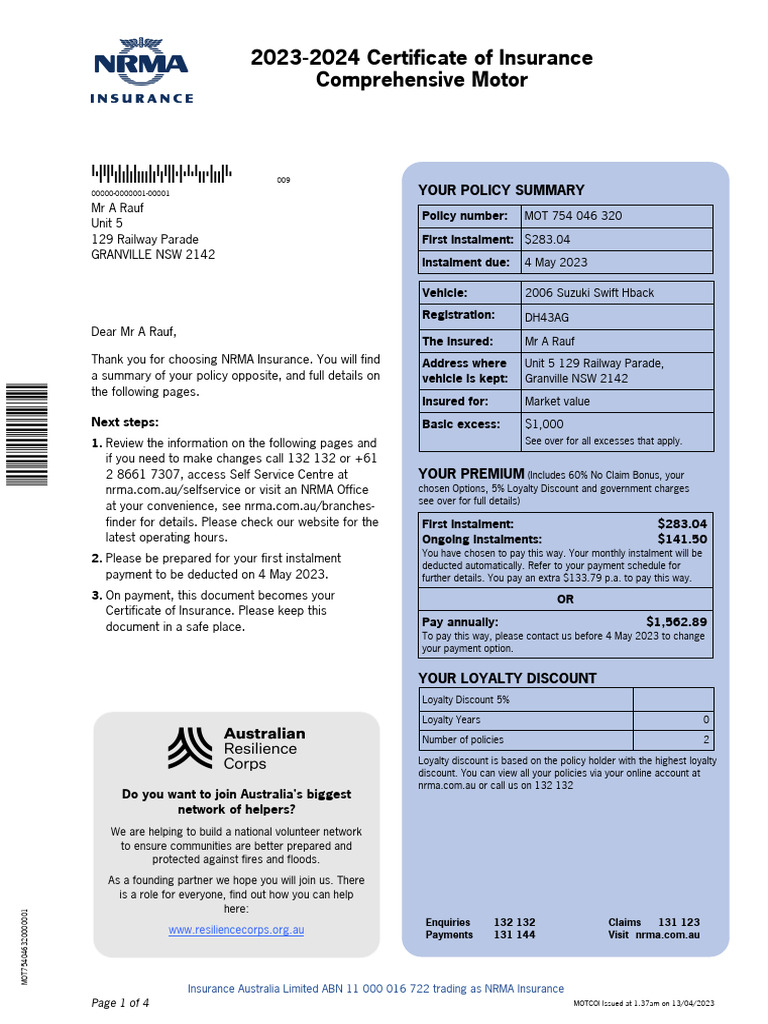 Nrma Certificate of Insurance Mot754046320 2023041301374763 1 | PDF ...