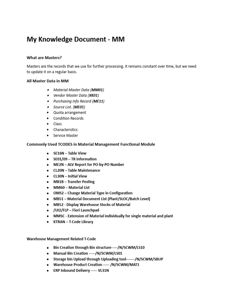 Master Data and TCodes in MM Management | PDF