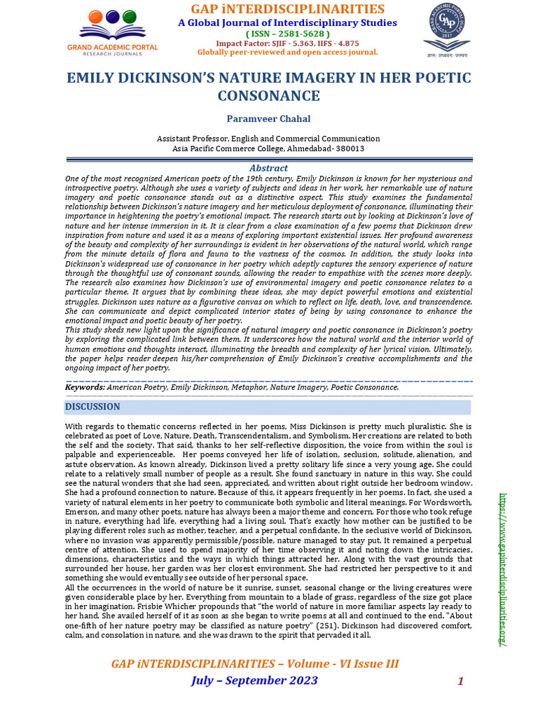 Emily Dickinson's Nature Imagery in Her Poetic Consonance | PDF | Emily Dickinson | Poetry