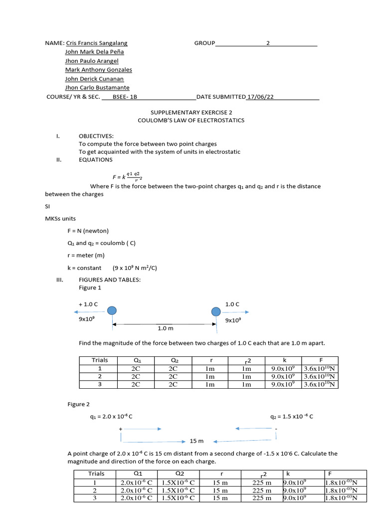 Supplementary Execise 2 - Coulombs Law of Electrostatics 1 | PDF ...