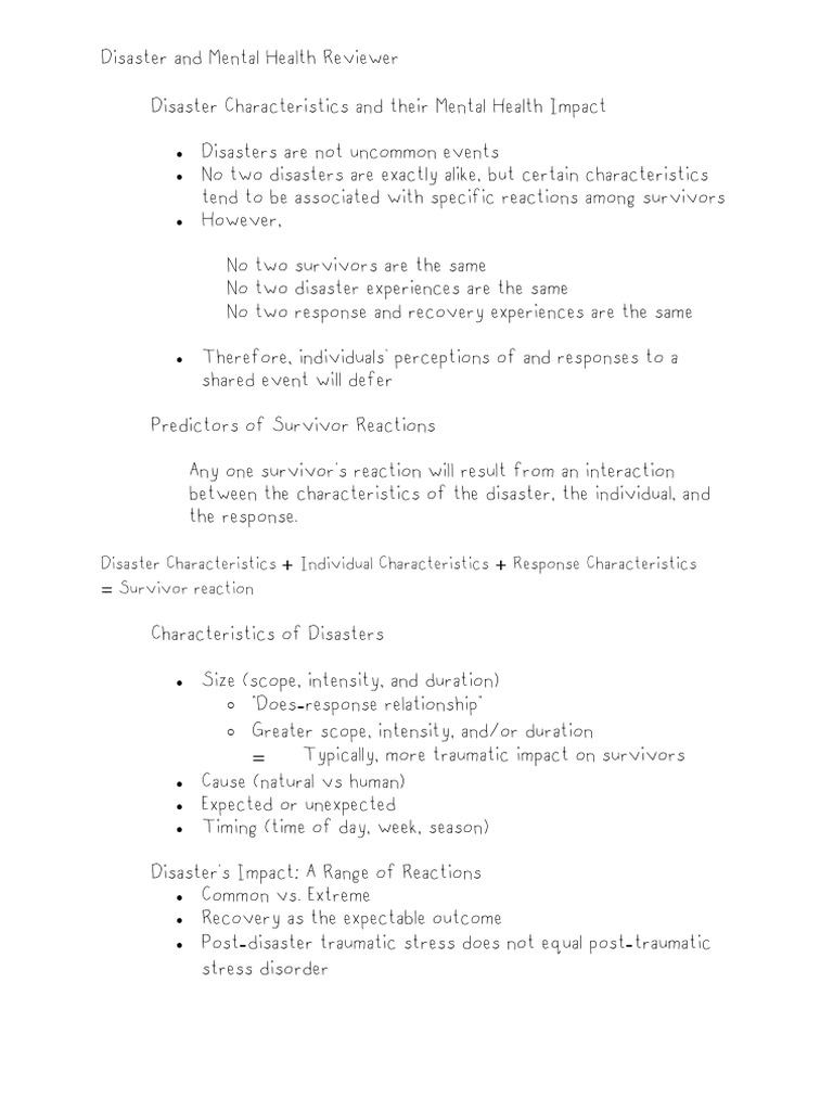 Disaster and Mental Health Reviewer | PDF | Mental Disorder | Psychotherapy