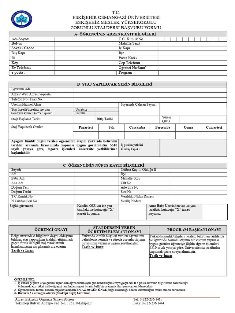 Zorunlu Staj Dersi Başvuru Formu - 160523 | PDF