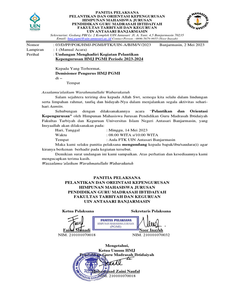Undangan Pelantikan HMJ PGMI 2023 | PDF