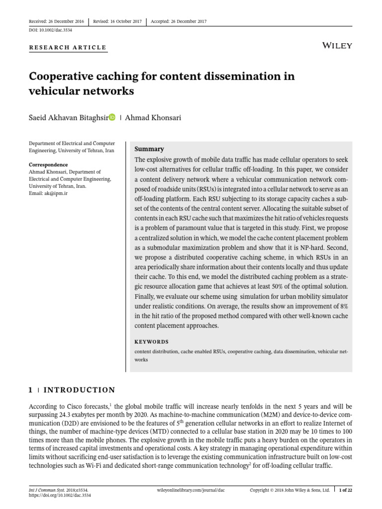 Cooperative Caching For Content Dissemination in Vanet | PDF | Game ...