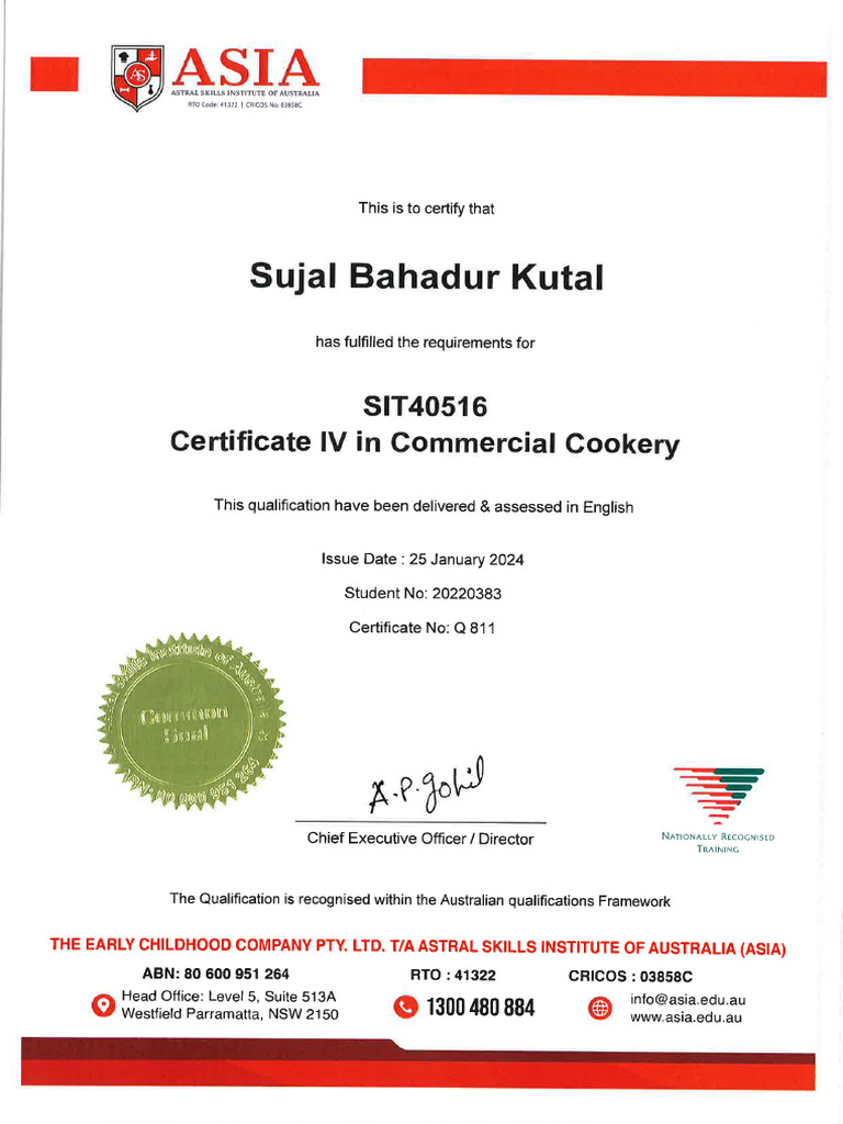 Certificate Commercial Cookery | PDF