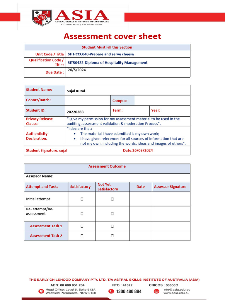 SITHCCC040 Student Assessment Tasks | PDF | Cheesemaking | Cheese