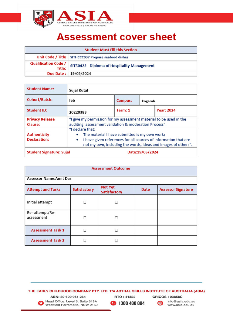 Seafood Dishes Assessment Cover Sheet | PDF | Grilling | Cooking